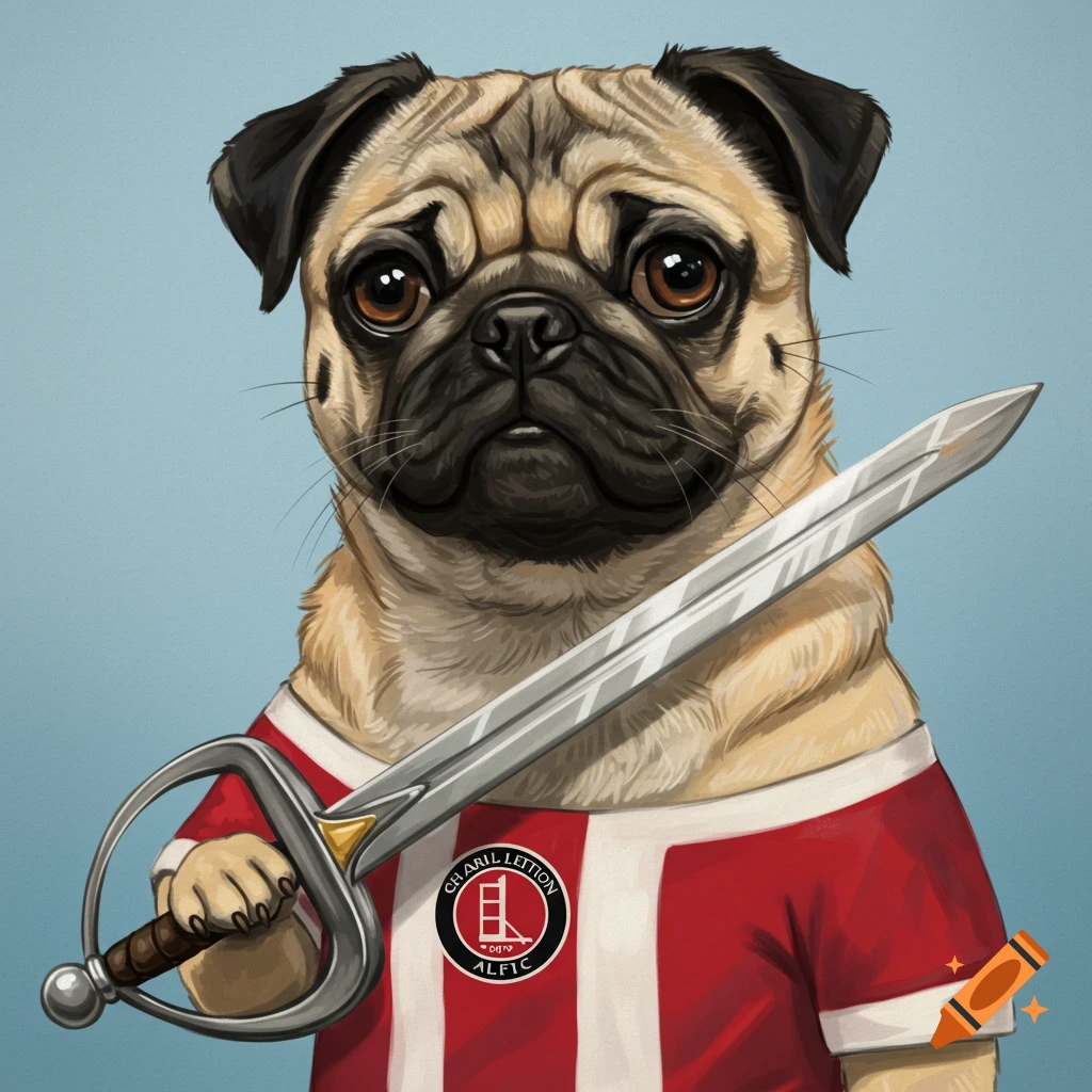A pug wearing a red and white striped shirt holds a sword. on Craiyon