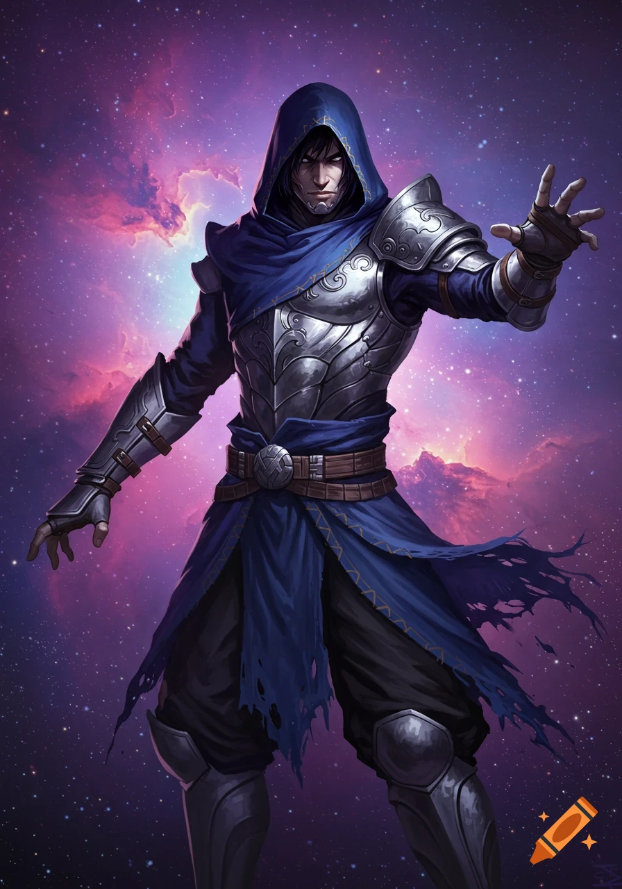 A hooded figure in blue robes and silver armor stands against a vibrant ...