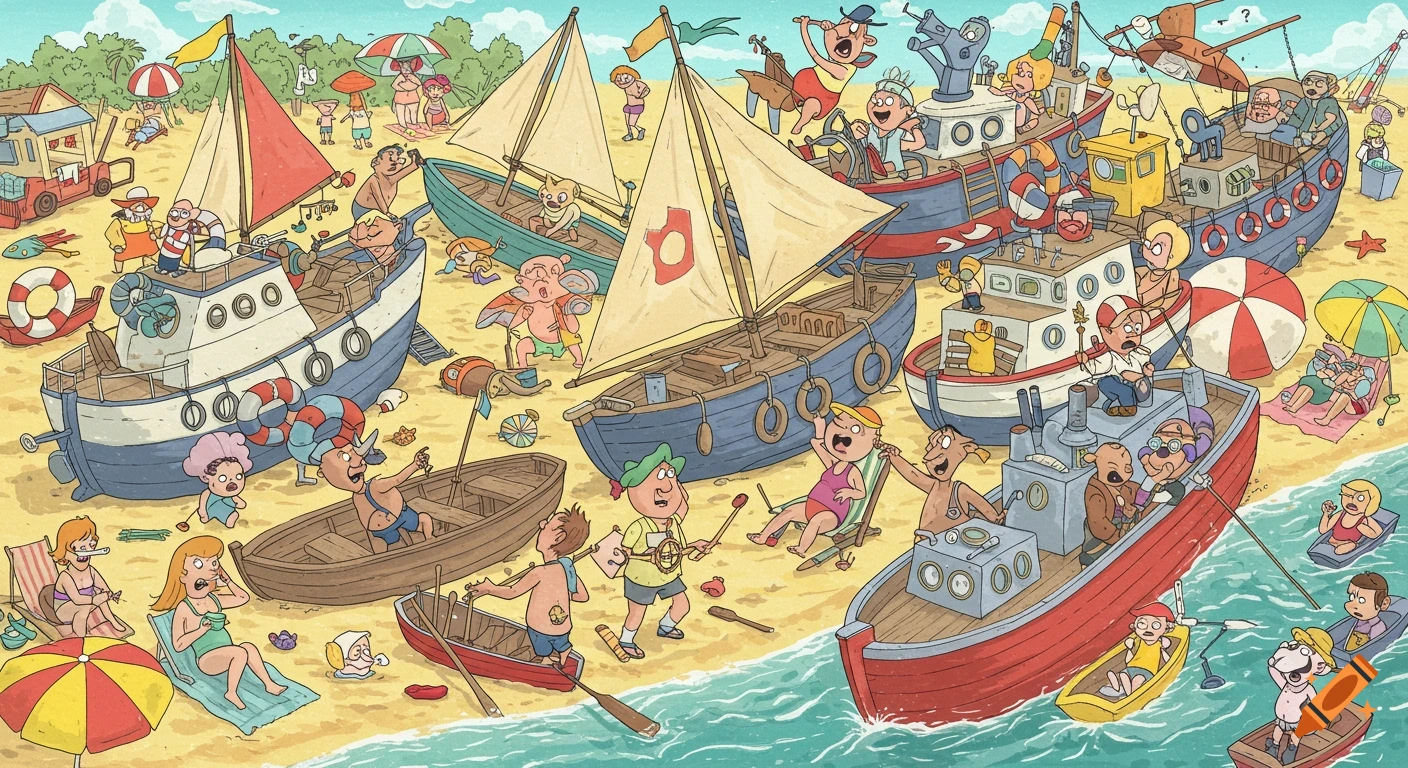 A crowded cartoon illustration of a beach filled with many people and ...
