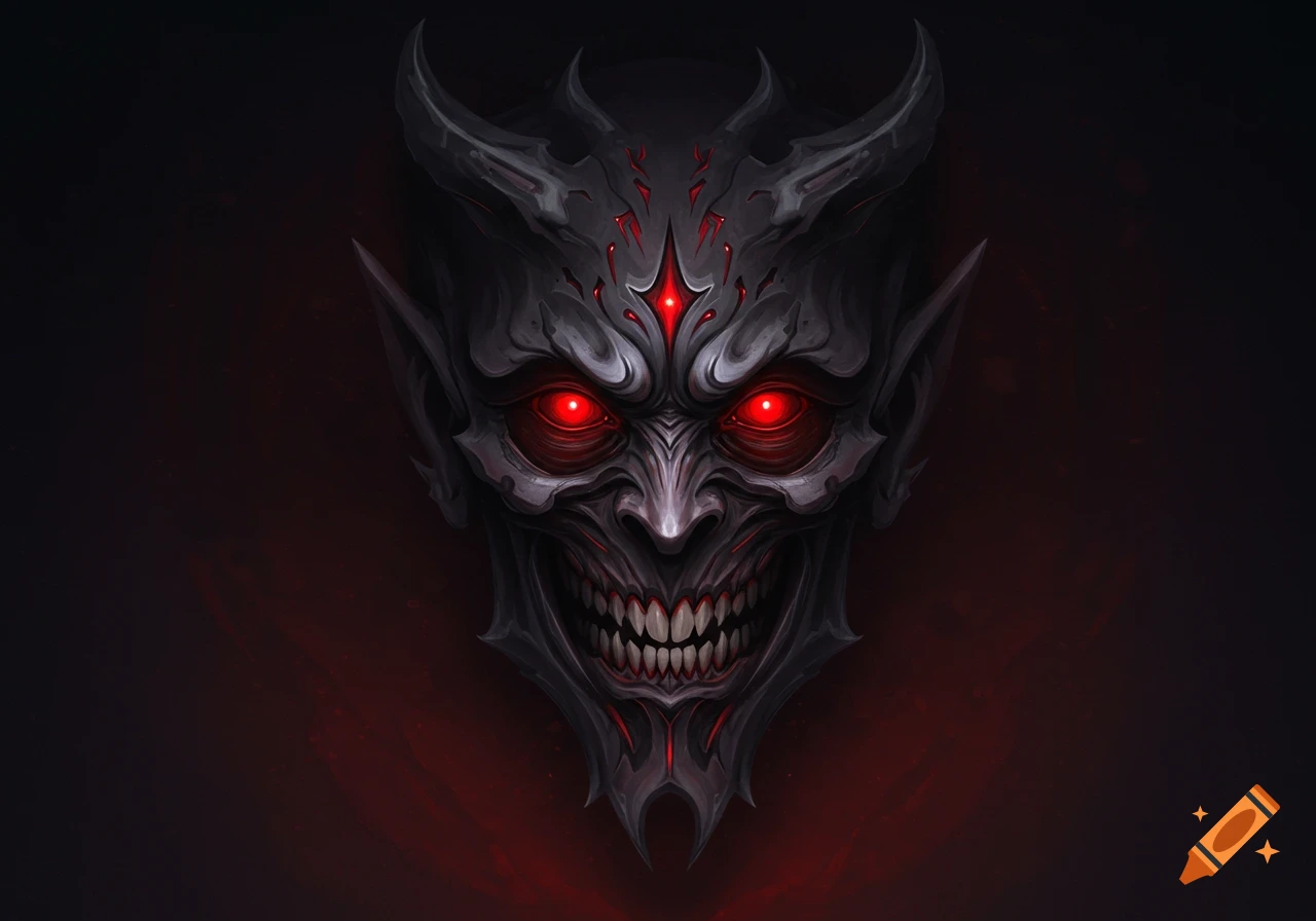 A scary symmetrical demon face with red glowing eyes and sharp teeth in ...