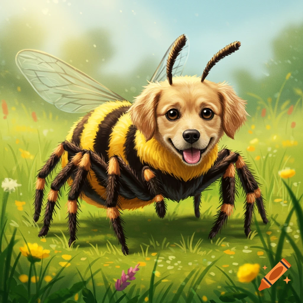 Hybrid creature with a dog head, bee body, and spider legs stands in a field of flowers. on Craiyon