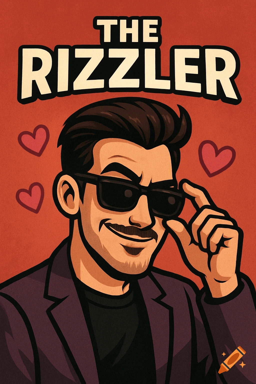 Cartoon illustration of a man in sunglasses with text 'THE RIZZLER' and ...