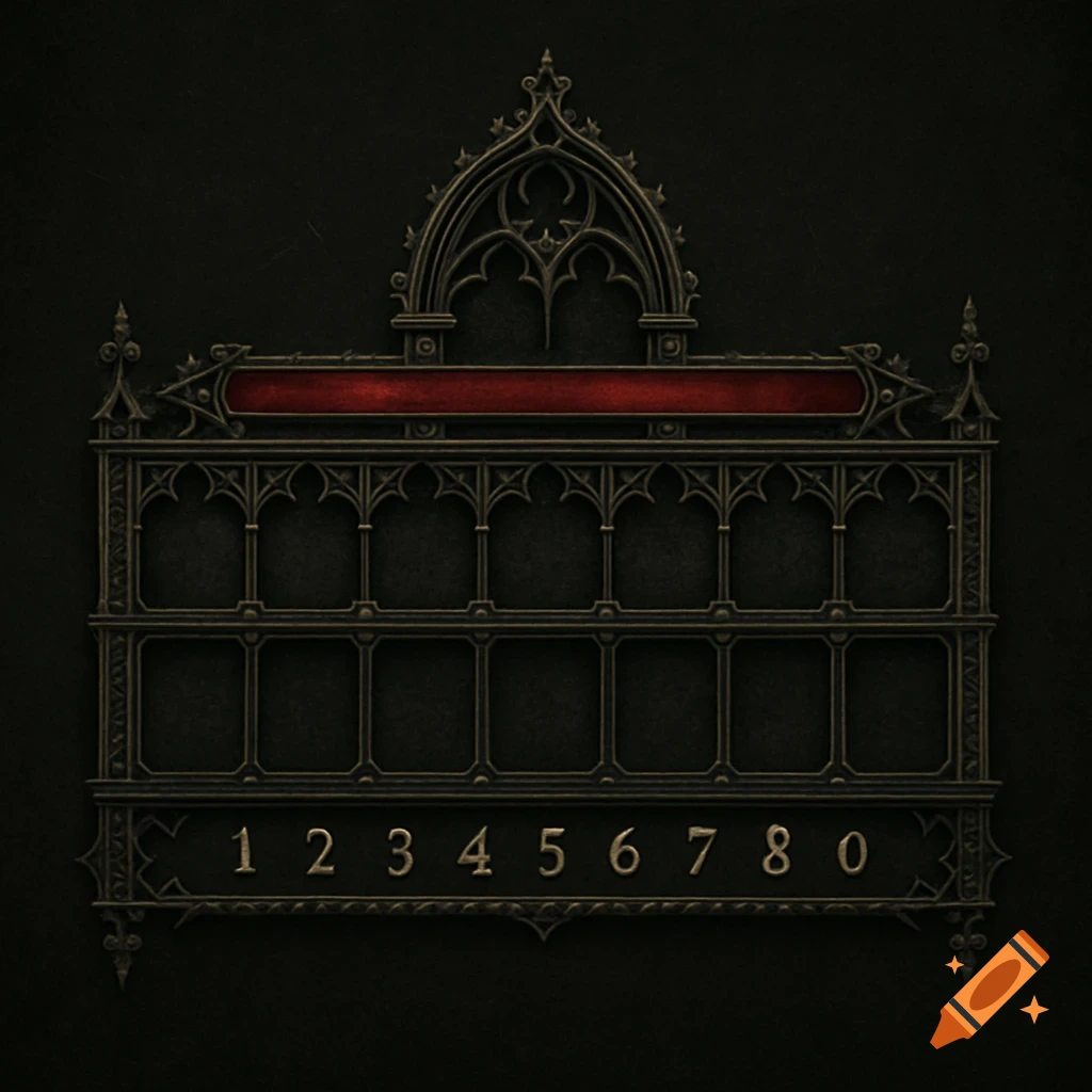 Dark gothic metal hotbar or shelf with numbers 1-8 and 0 on Craiyon