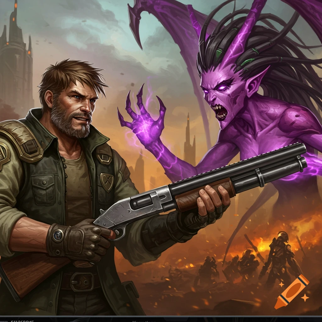Man with shotgun fighting a purple demon creature in a futuristic ...