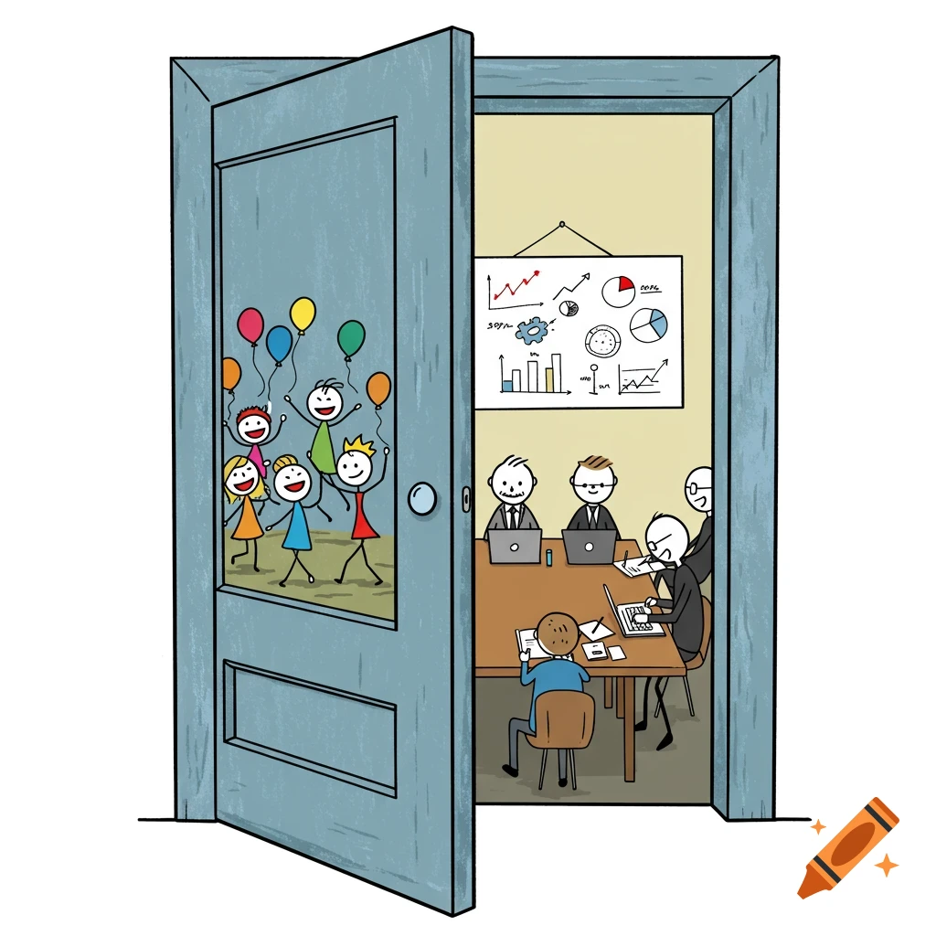 Stick figures having a party burst through a door into an office ...