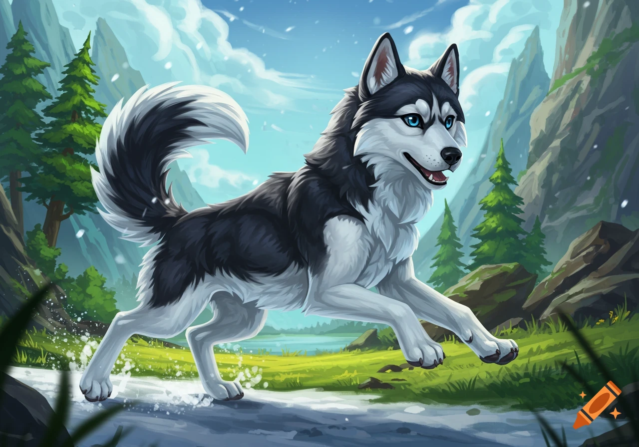 A stylized husky dog runs through a mountain landscape in a video game ...