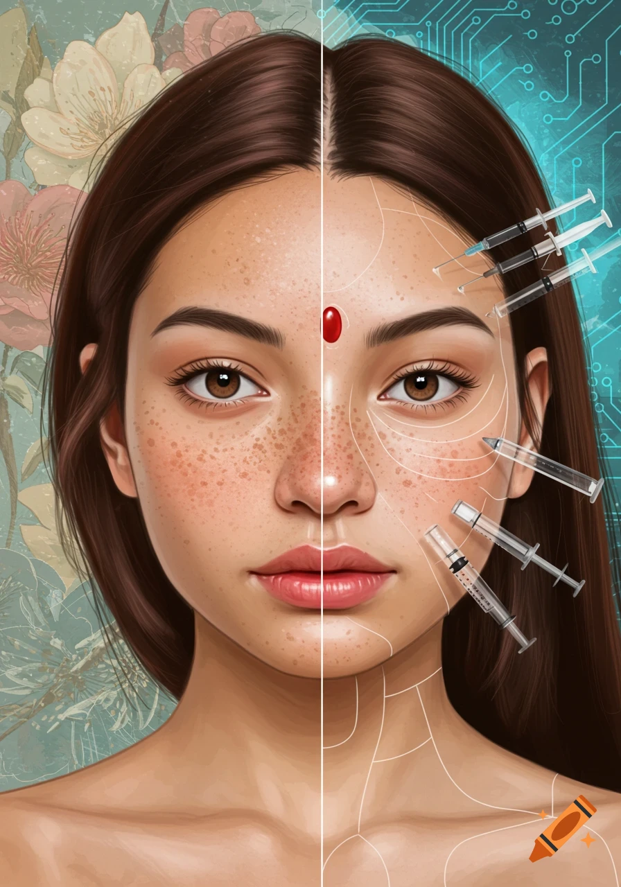 Split portrait of a woman's face, one side natural with freckles, the ...