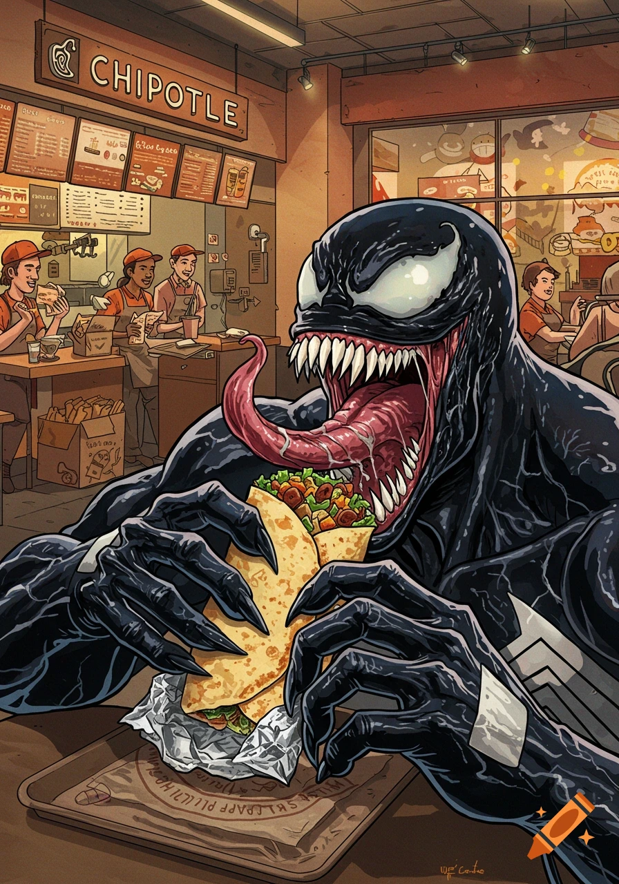 Venom eating a burrito in a Chipotle restaurant, comic book style. on ...