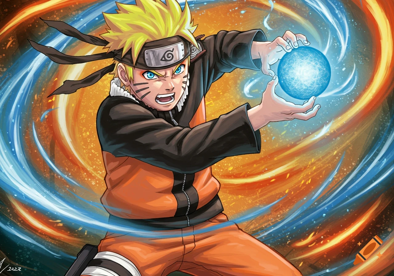 Naruto Uzumaki charging a Rasengan with swirling blue and orange energy ...