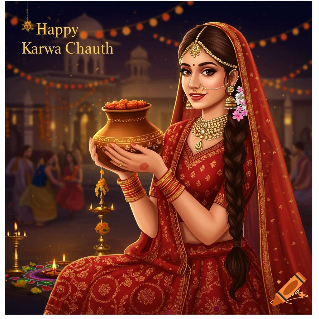 Illustration of an Indian woman in traditional red dress holding a pot ...