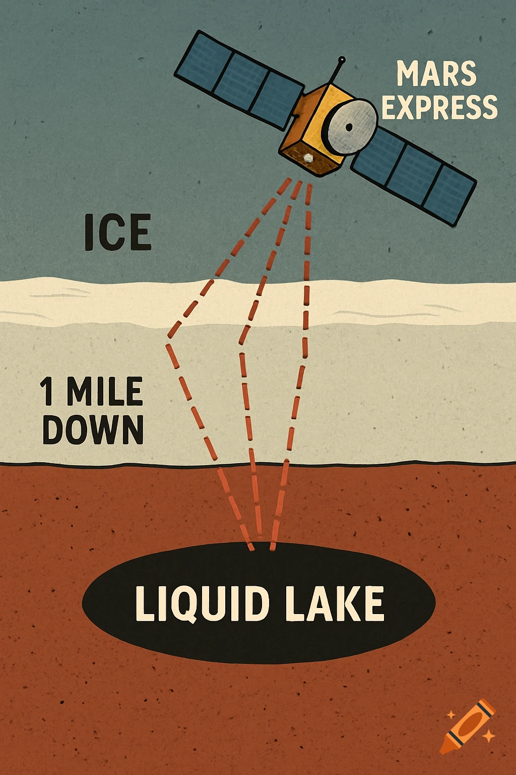 Illustration of Mars Express satellite using radar to detect a liquid ...