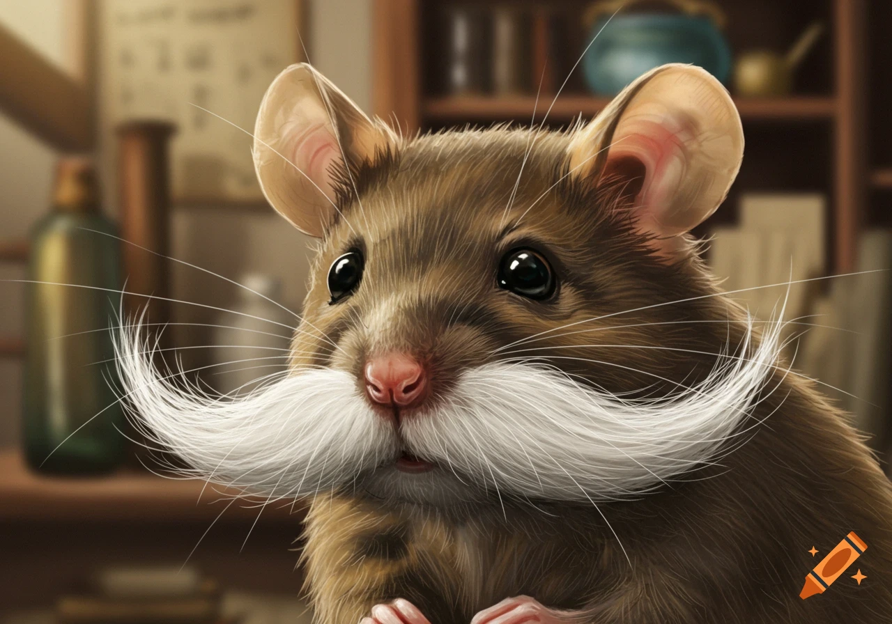 A close-up realistic illustration of a brown mouse with a large white ...