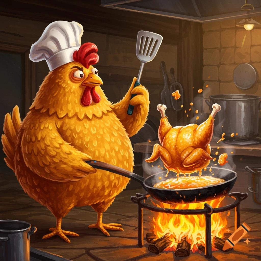 Cartoon chicken chef cooking a roasted chicken in a pan over fire. on ...
