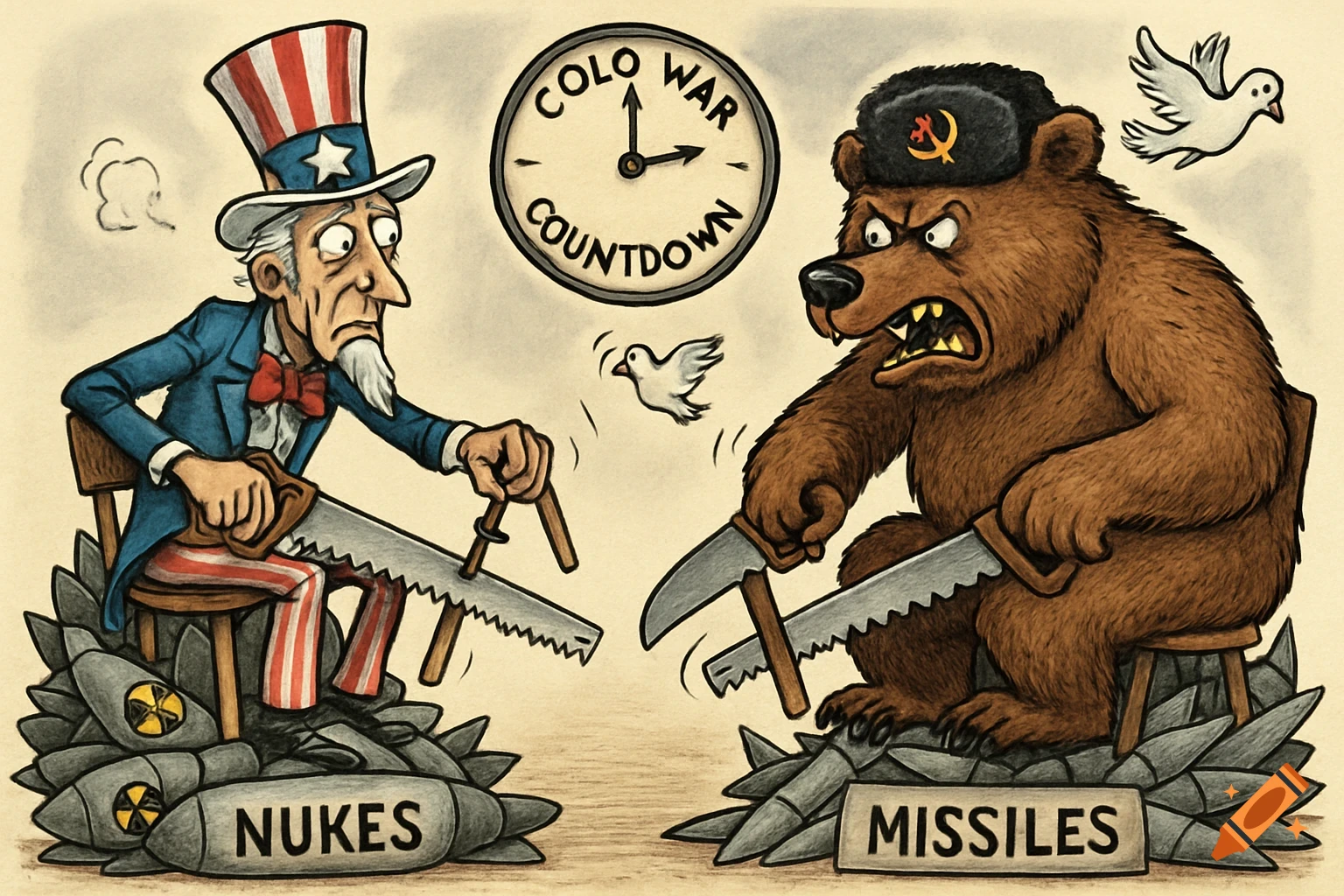 Cartoon of Uncle Sam and a bear (USSR) sawing their chairs on piles of ...