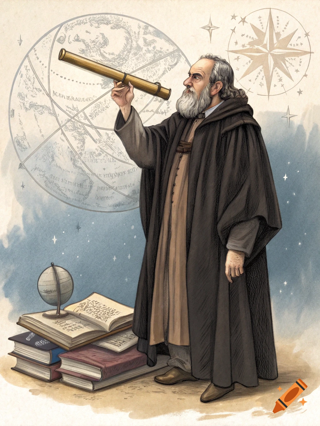 An illustration of Galileo Galilei looking through a telescope with ...
