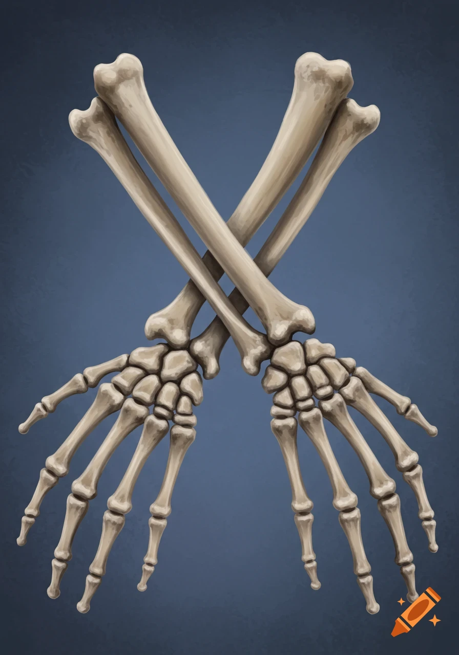 Two crossed skeleton hands and forearms in a painted style. on Craiyon