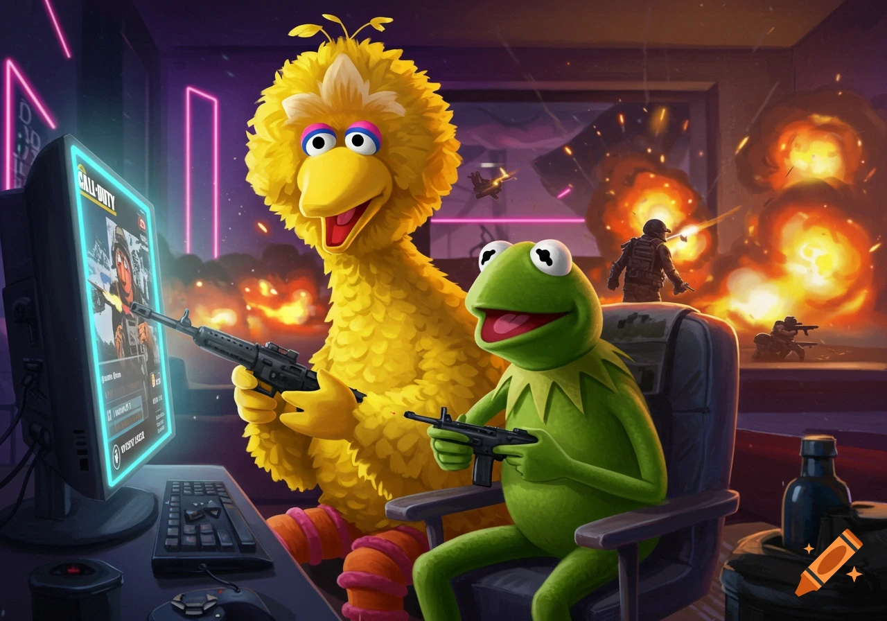 Big Bird and Kermit play a first-person shooter video game with ...