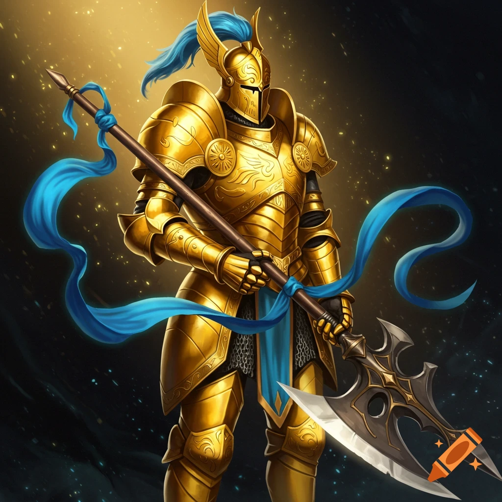 Golden paladin in ornate armor holding a halberd with blue ribbons. on ...