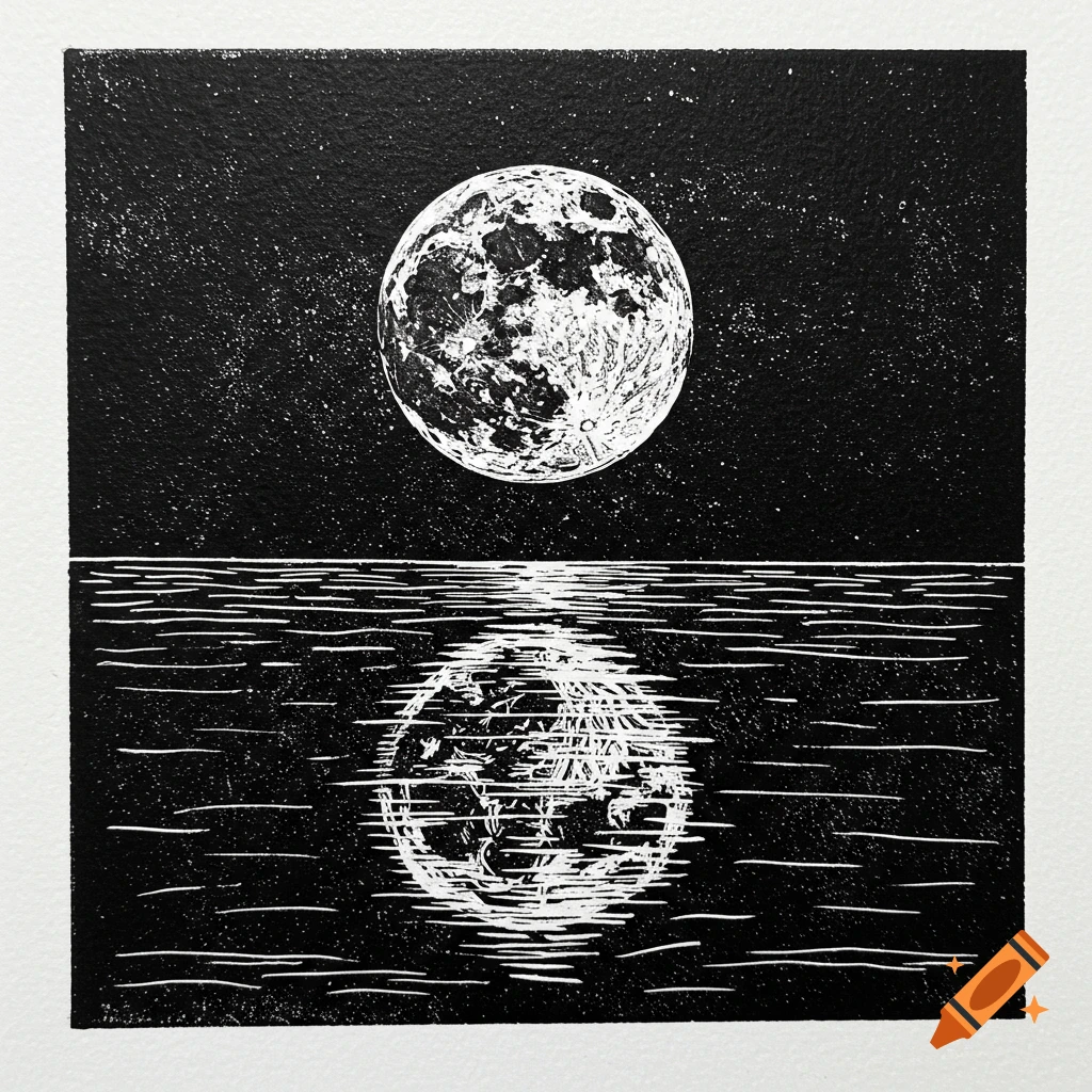 Black and white lino print of a full moon above water with its ...