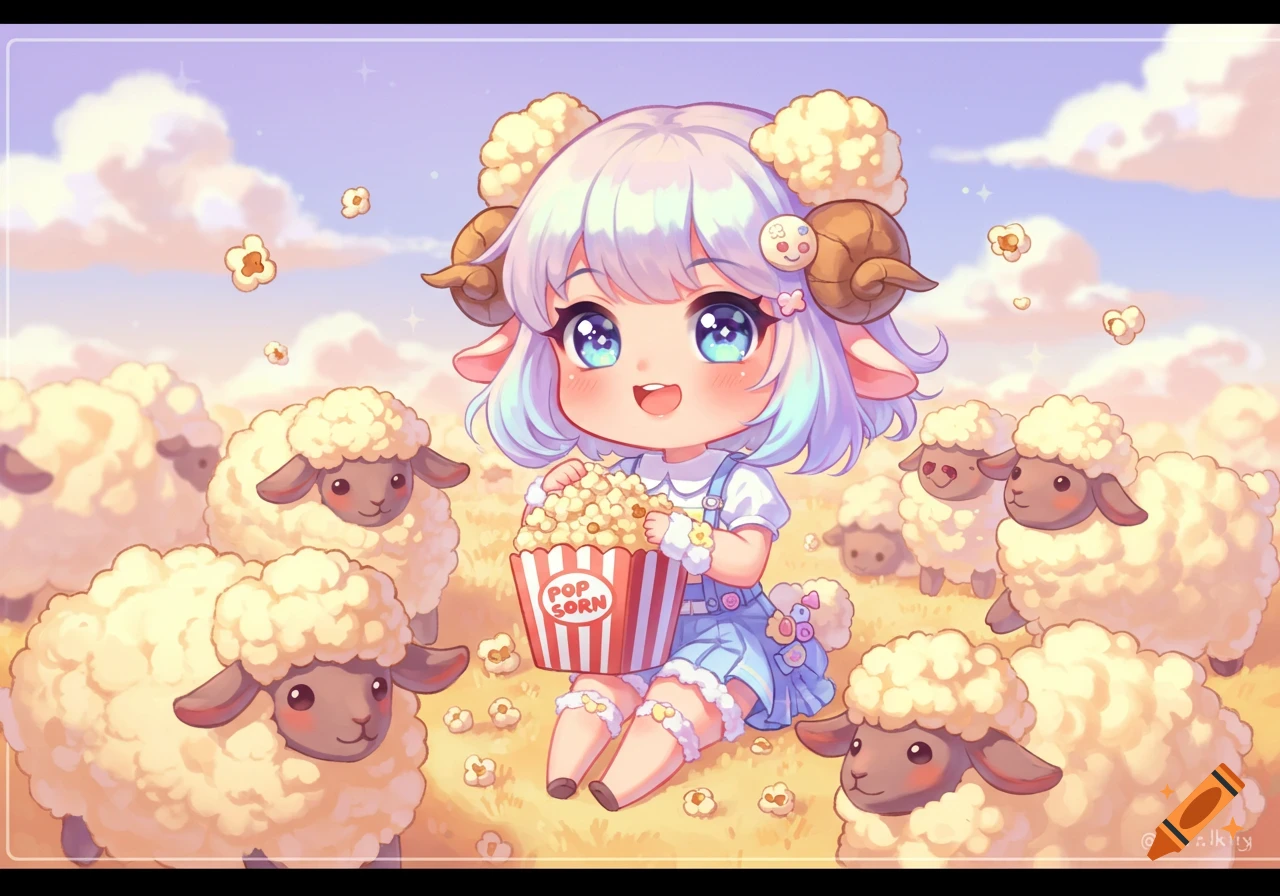 Chibi anime girl dressed as a sheep eating popcorn surrounded by sheep ...