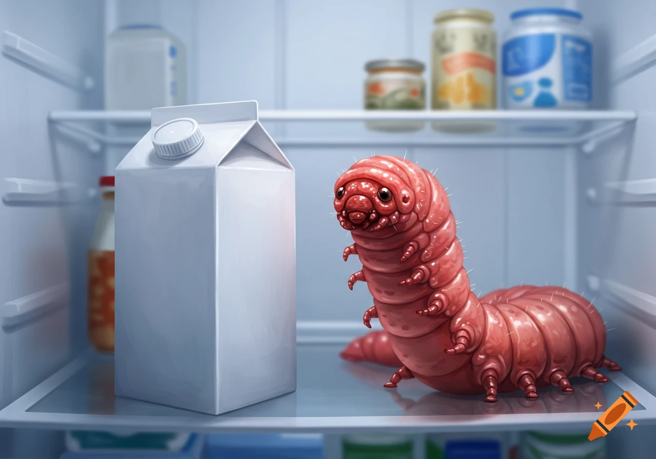 A large pink meat worm creature stands next to a milk carton inside a ...