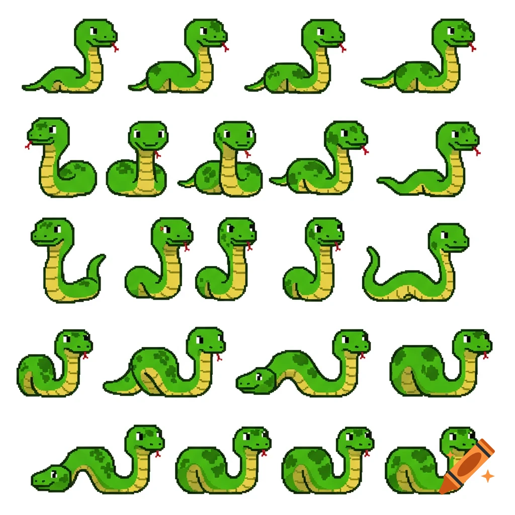 Multiple pixelated green snake sprites in various poses. on Craiyon