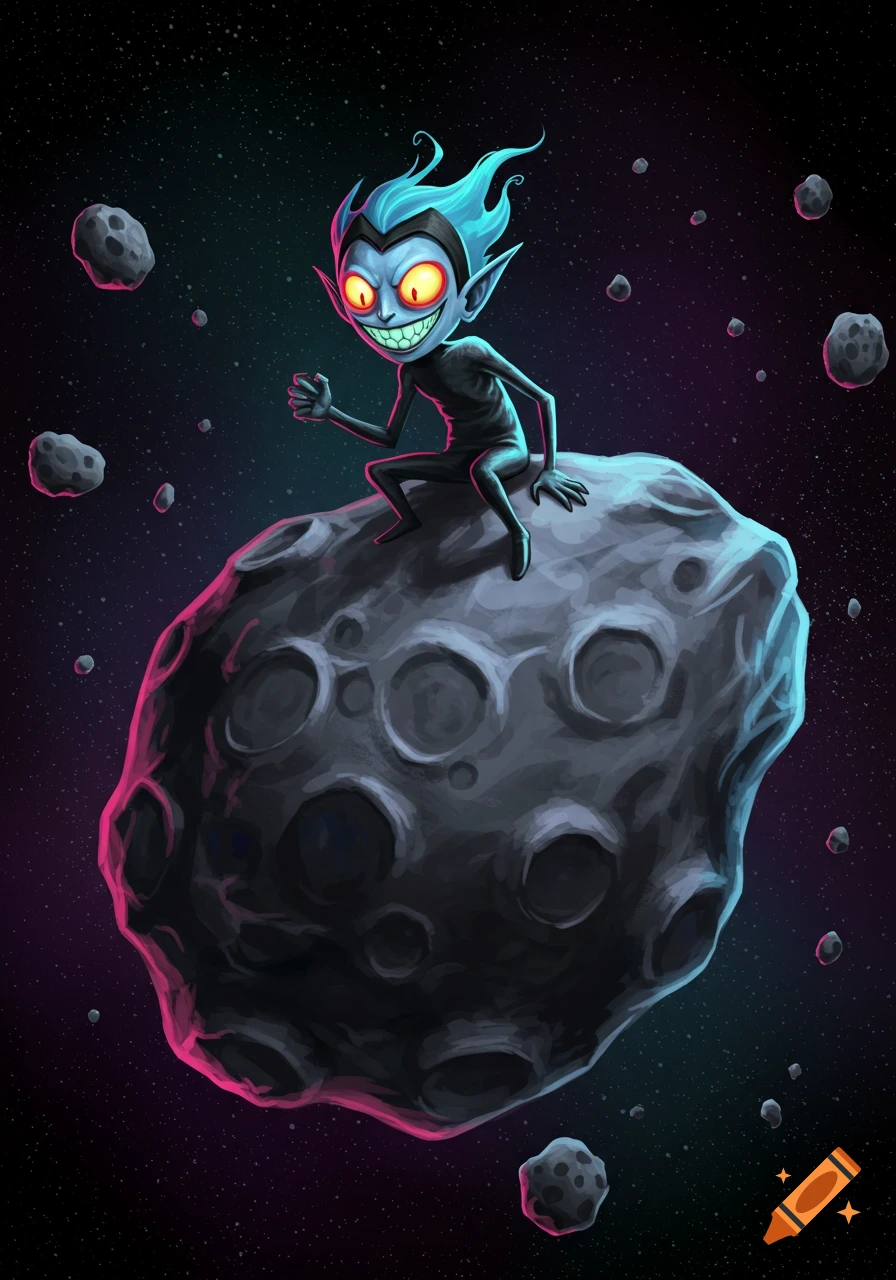 A devious-looking cartoon creature with blue hair sits on a large ...