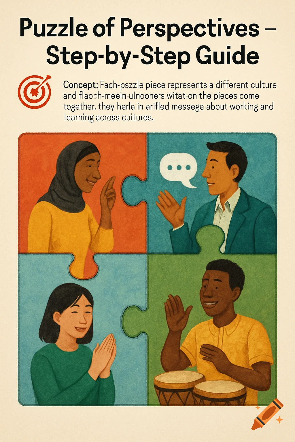 Illustration of four diverse people on puzzle pieces interacting, with ...