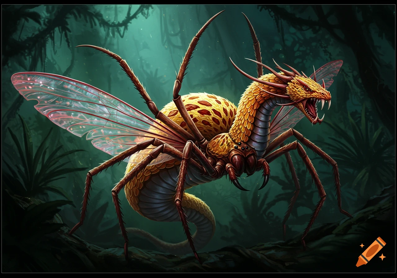 A fantasy spider creature with a dragon head and insect wings stands in ...