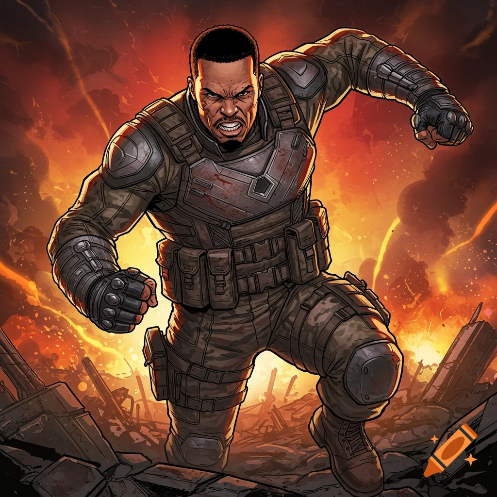 Comic book illustration of a man in military gear running through ...