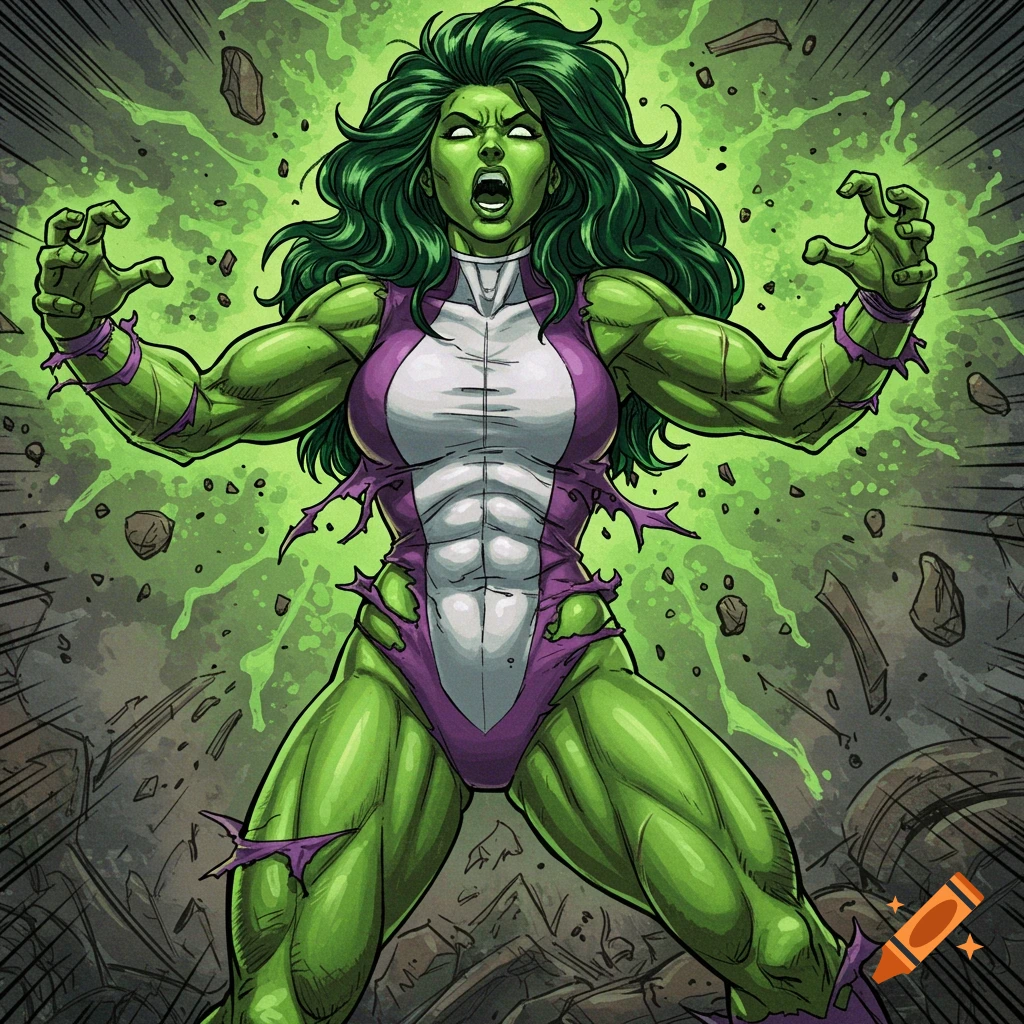 Comic book style illustration of She-Hulk roaring during a ...