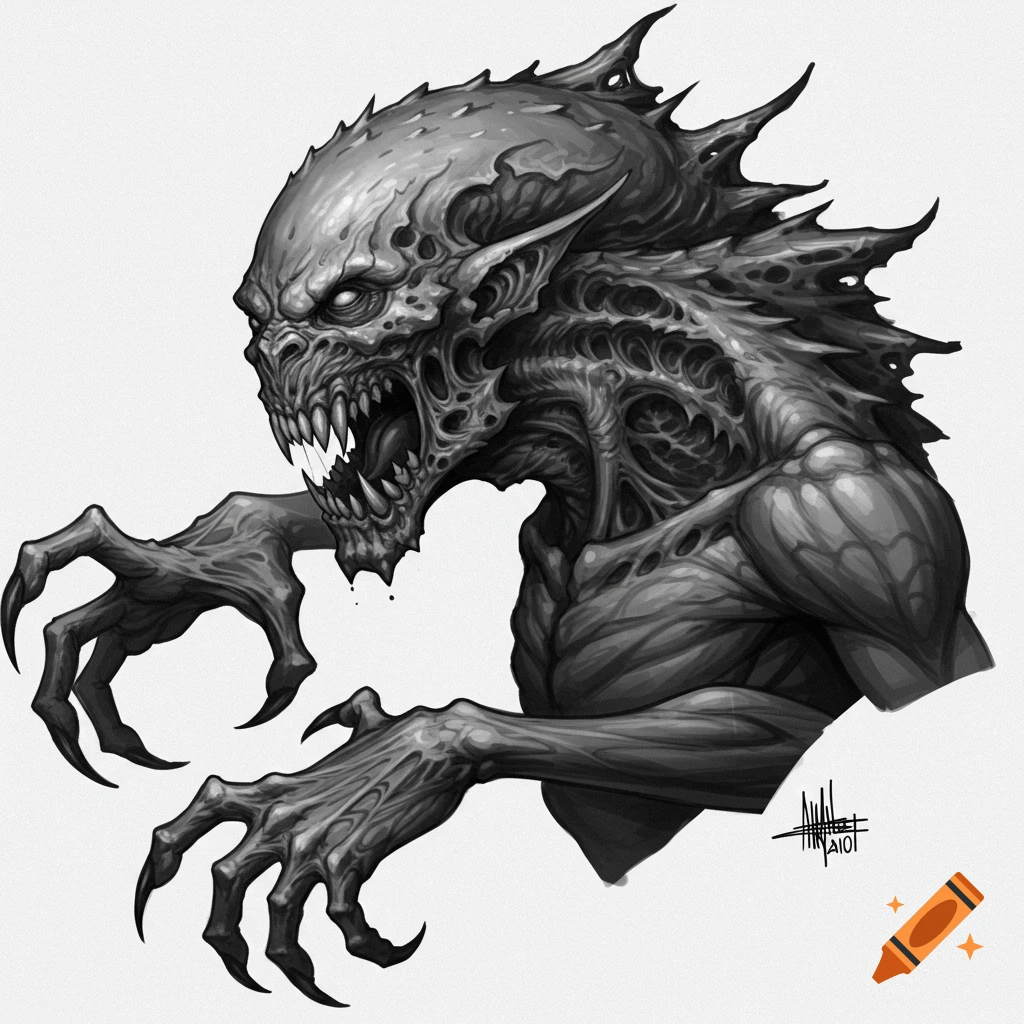 Black and white illustration of a grotesque monster with sharp teeth ...