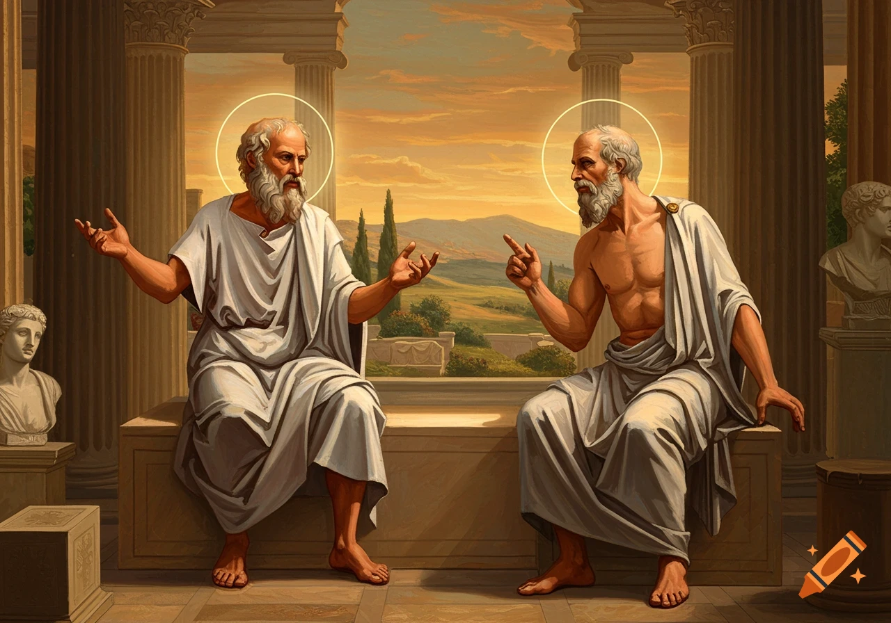 Two ancient Greek philosophers in classical robes sit and converse in a ...