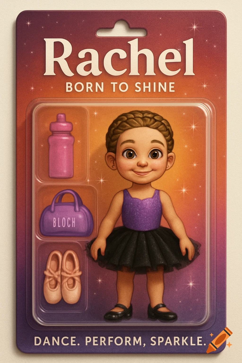 A rendered image of a dancer doll in blister pack packaging with accessories: water bottle ...