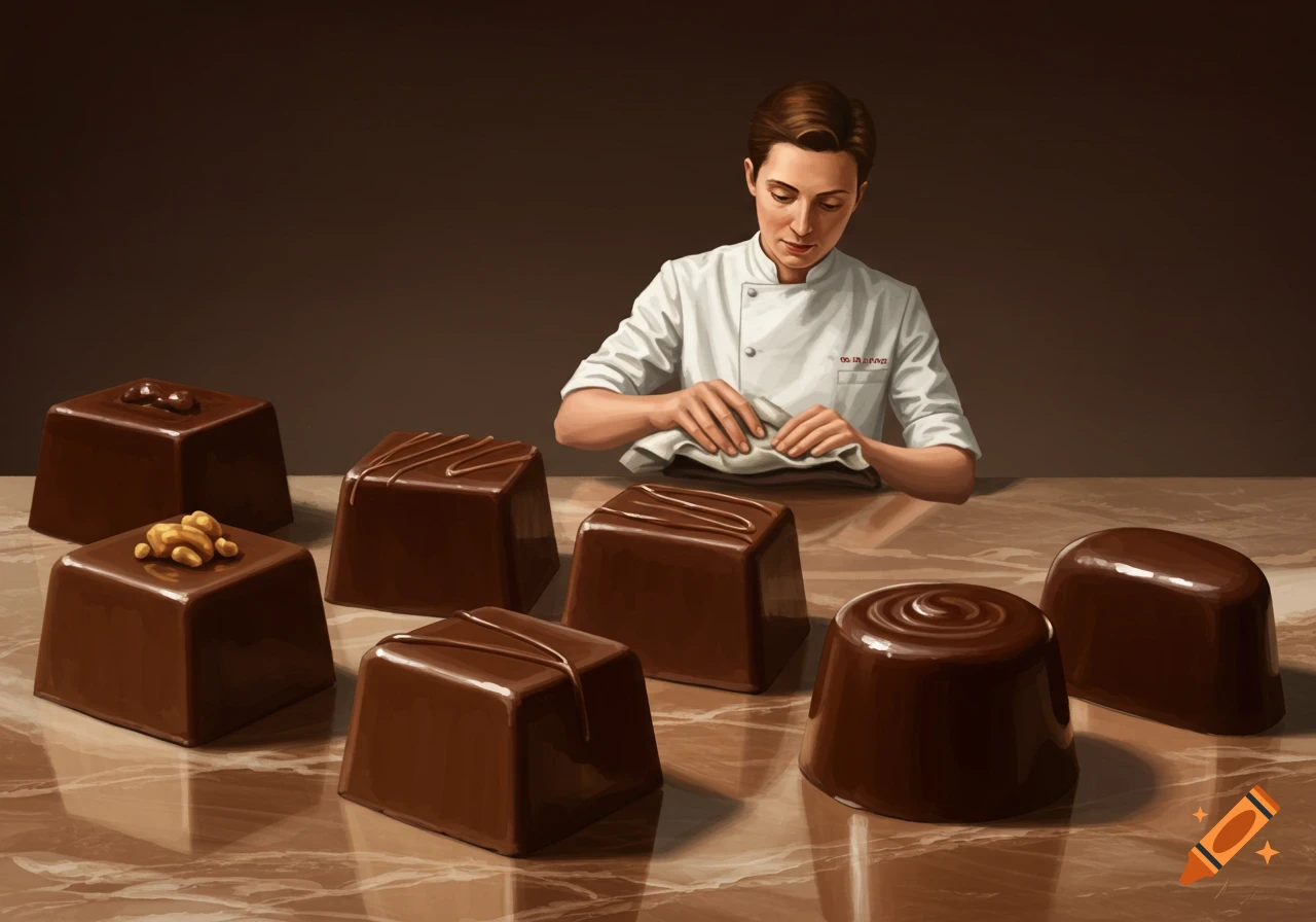 Painting of a chocolatier polishing shiny chocolates on a marble table ...