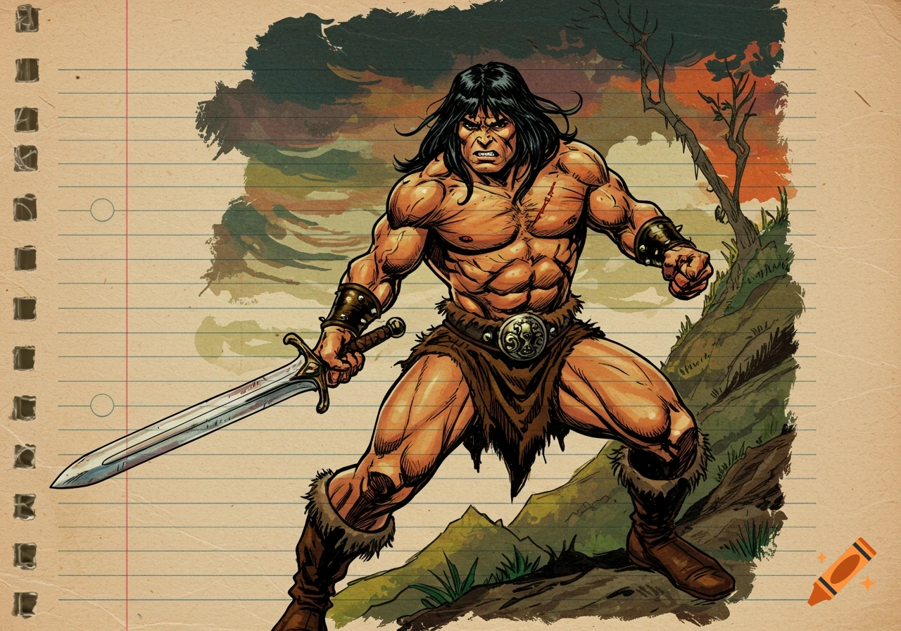 Comic book style sketch of a muscular barbarian warrior with a sword, standing on a landscape on ...