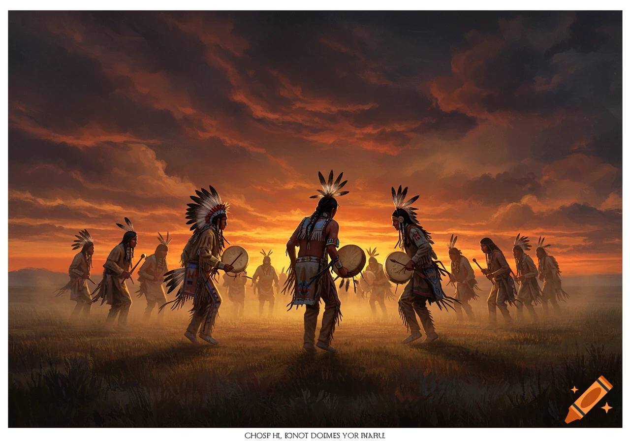 Plains Native Americans perform a dance with drums at sunset in a field ...