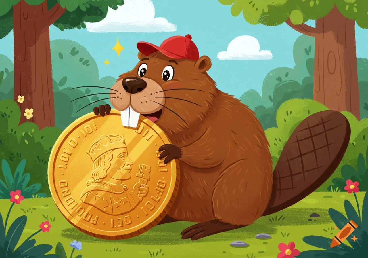 A cartoon beaver wearing a red cap holds a giant gold coin in a forest ...