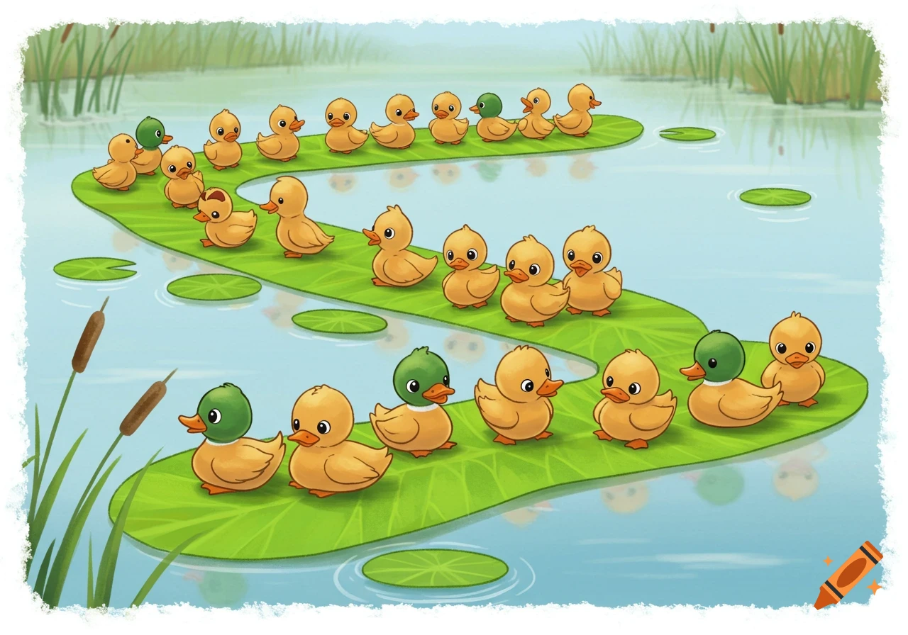 Cartoon illustration of cute yellow ducks on lily pads in a pond. on ...