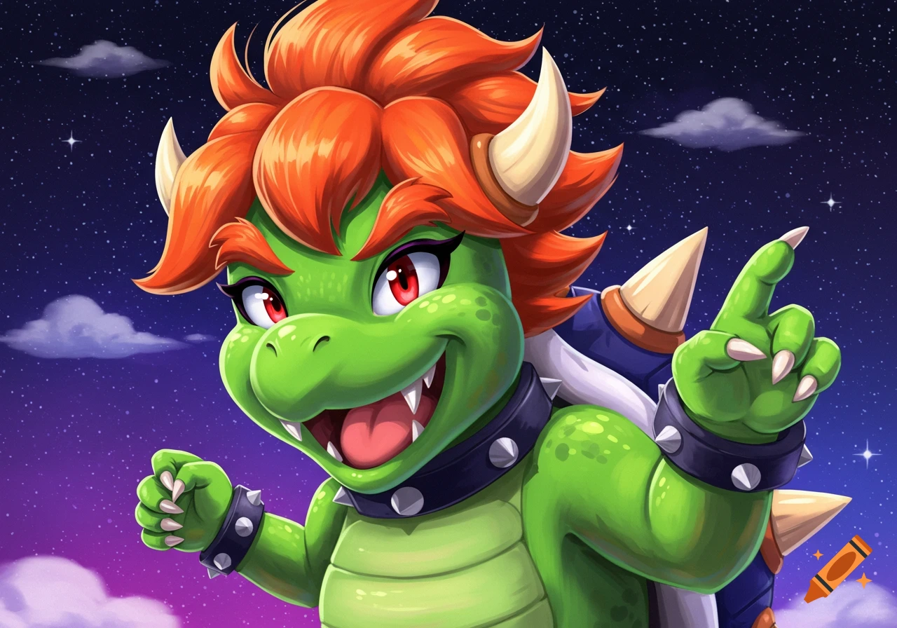 Cartoon female Bowser Jr. character points finger against starry sky ...