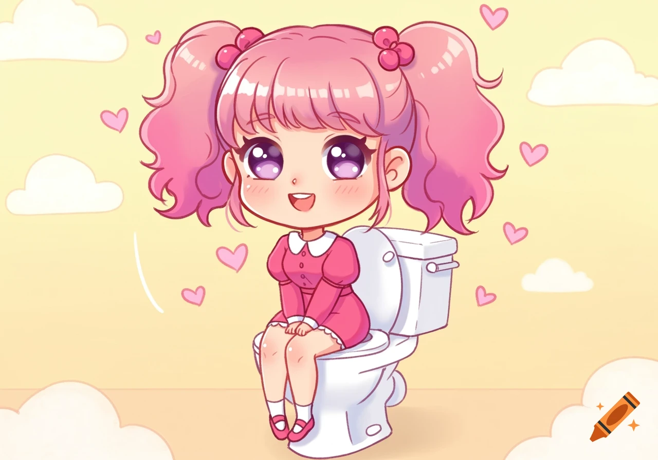 Cartoon chibi girl with pink hair sitting on a toilet, surrounded by ...