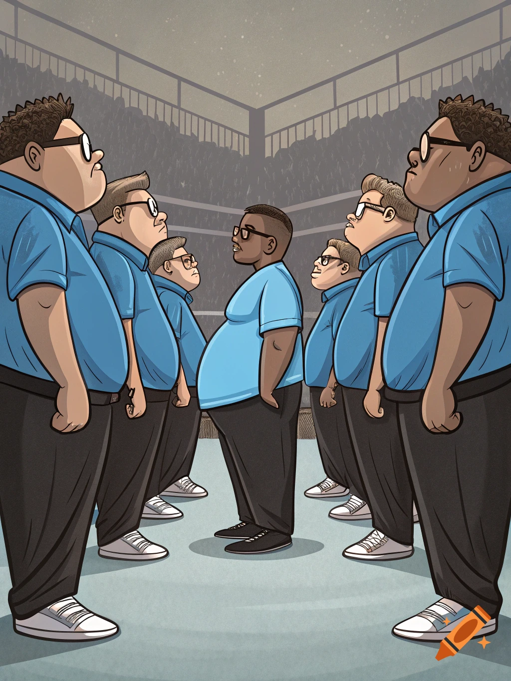 Cartoon illustration of a single man confronting a group of identical ...