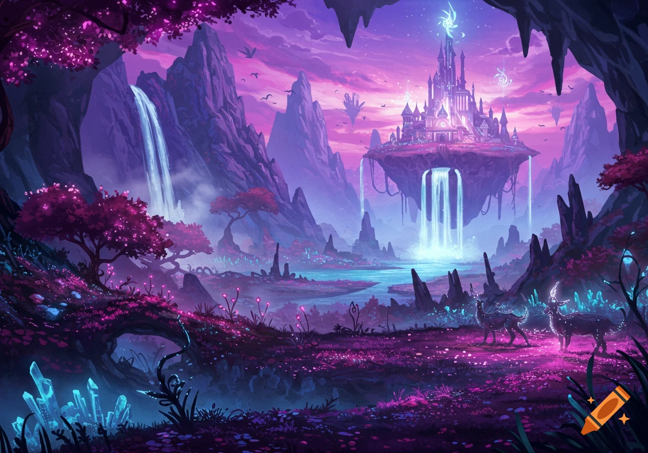 Magical fantasy landscape with a floating castle, waterfalls, mountains ...