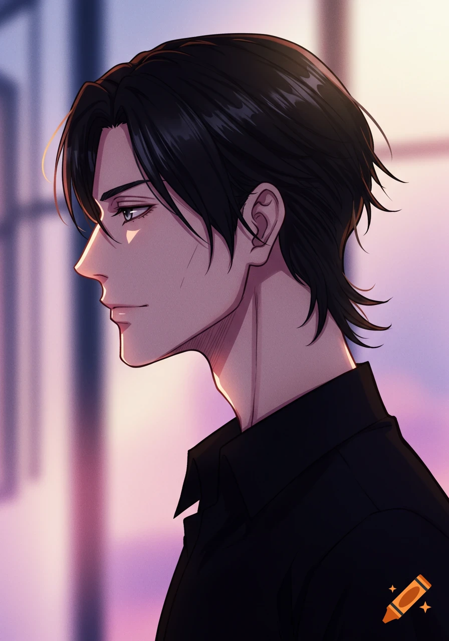 An anime-style profile portrait of a man in a black shirt. on Craiyon