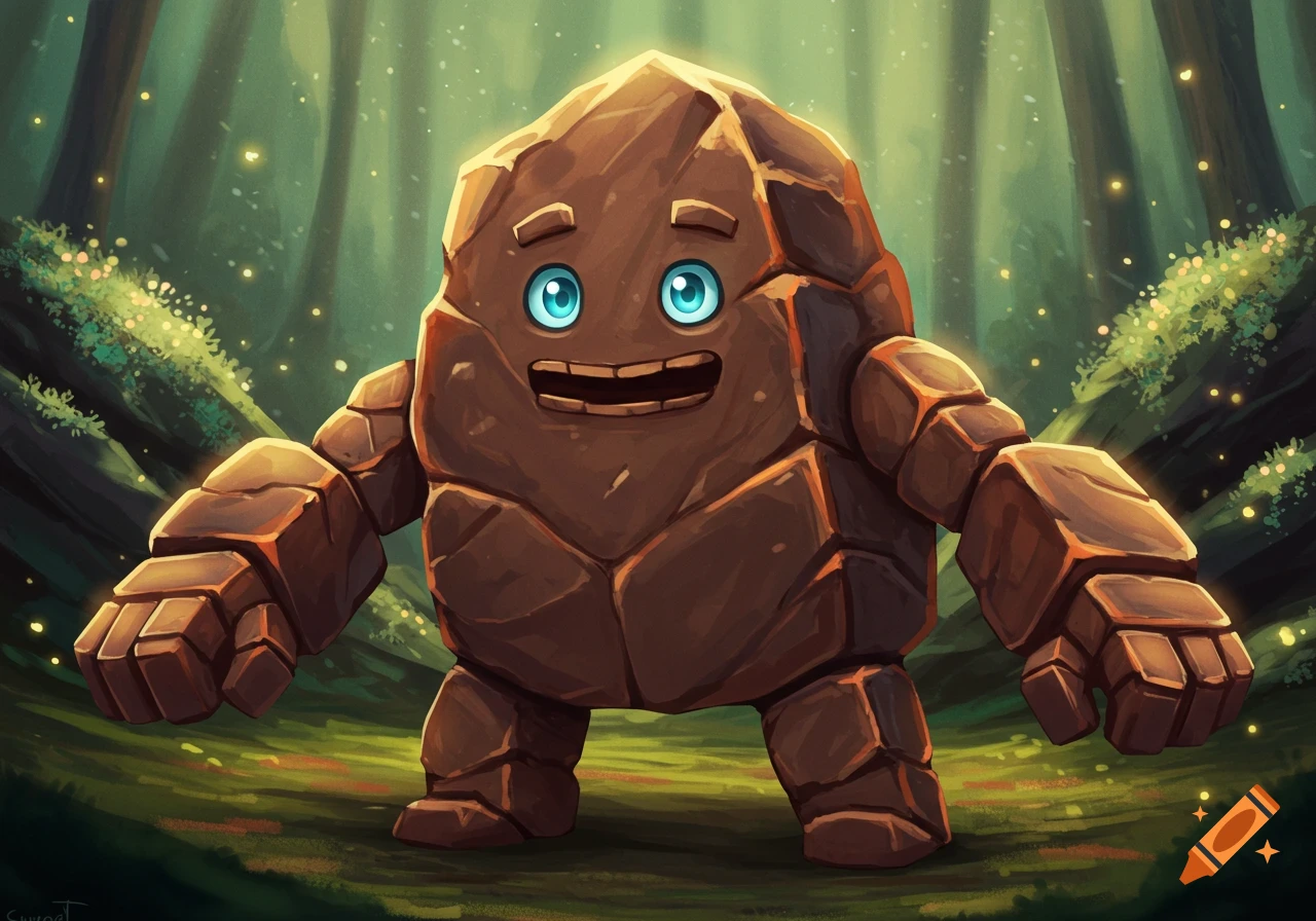 Cartoon rock creature with arms and legs stands in a forest clearing ...
