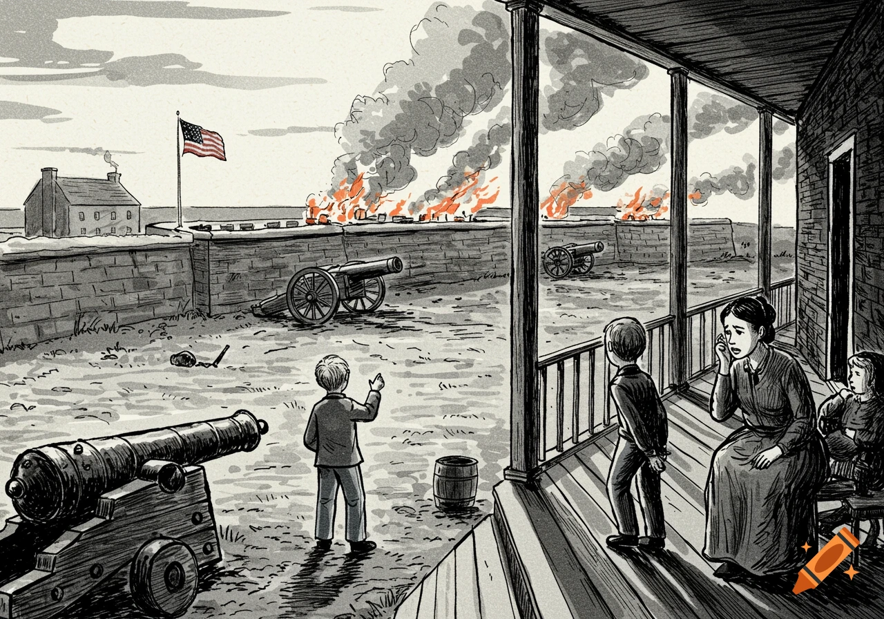 Black and white drawing of people watching Fort Sumter burning from a ...
