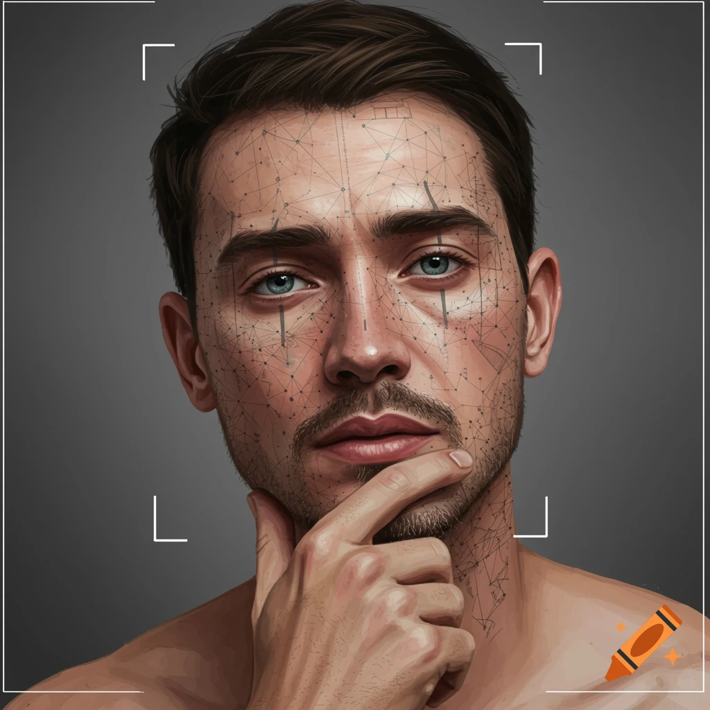 Portrait of a man with a facial recognition grid on his face and ...