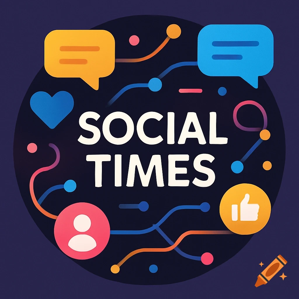 Graphic logo with 'SOCIAL TIMES' text surrounded by social media icons ...