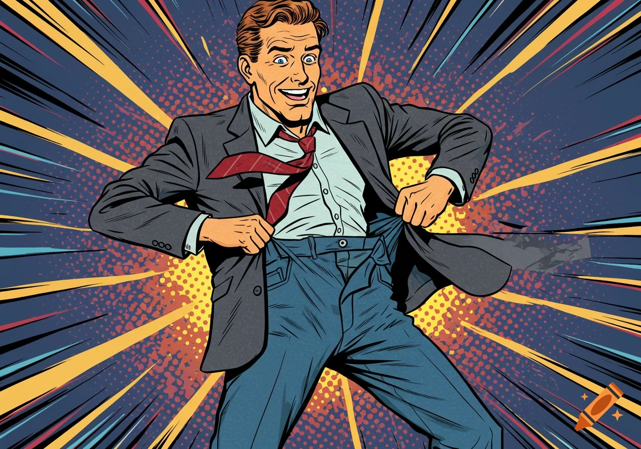 Man in suit pulls down pants revealing jeans in comic book style with ...