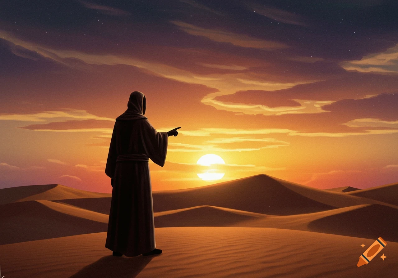 A robed figure stands in a desert at sunset, pointing towards the left ...